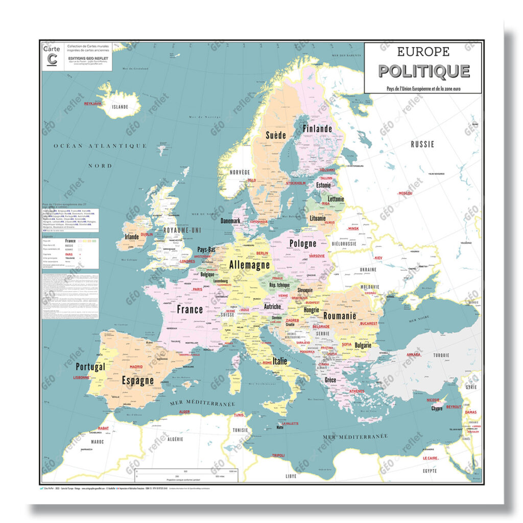 Carte Europe politique et Union Européenne - Poster 100x100 cm